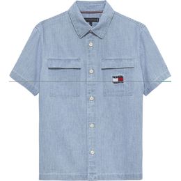 Kurzarmhemd Tommy Hilfiger "WAVY FLAG HERRINGBONE SHIRT SHORT SLEEVE", Jungen, Gr. 10 (140), N-Gr, denim medium, Web, Obermaterial: 100% Baumwolle, unifarben, h&uuml;ftbedeckend, abgesteppte Kante, Hemden, Kinder bis 16 Jahre, Denim-Look