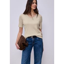 Kurzarmshirt Street One "Style Palmira", Damen, Gr. 42, cotton beige, Jersey, Obermaterial: 50% Baumwolle, 50% Modal. Futter: 100% Baumwolle, unifarben, slim fit h&uuml;ftlang, tiefer Rundhals, abgesteppt, Shirts, mit tiefem Rundhalsausschnitt
