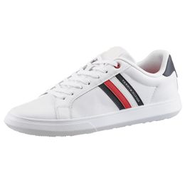 Sneaker Tommy Hilfiger "ESSENTIAL LEATHER CUPSOLE", Herren, Gr. 43, bunt (wei&szlig;, dunkelblau), Leder, Schuhe Sneaker, Freizeitschuh, Halbschuh, Schn&uuml;rschuh mit typischen Streifen