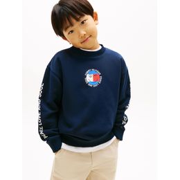 Sweatshirt Tommy Hilfiger "FUN FLAG GRAPHIC SWEATSHIRT", M&auml;dchen, Gr. 12 (152), schwarz night navy, Sweatware, Obermaterial: 68% Baumwolle, 32% Polyester, bedruckt, l&auml;ssig geschnitten normal, Rundhals, Rippstrickb&uuml;ndchen, Sweatshirts Sweatshirt, Kinder bis 16 Jahre, Druck, Rundhals