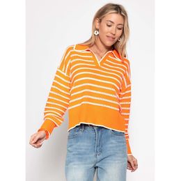SASSYCLASSY Feinstrickpullover mit Polokragen und Ajourstreifen in Orange | Gr.: M