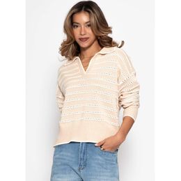 SASSYCLASSY Feinstrickpullover mit Polokragen und Ajourstreifen in Beige | Gr.: L
