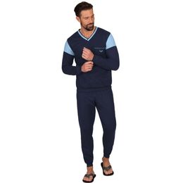 Schlafanzug TRIGEMA "TRIGEMA Schlafanzug in modischem Design", Damen, Gr. S, blau (navy), Single Jersey, 100% Baumwolle, Basic, V-Ausschnitt, Homewear-Sets Schlafanzug