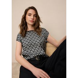 Shirtbluse Tamaris, Damen, Gr. 42, schwarz-wei&szlig; (schwarz sand), Satin, Obermaterial: 95% Viskose, 5% Elasthan. Vorderteil: 100% Polyester, bedruckt, l&auml;ssig geschnitten h&uuml;ftbedeckend, Rundhals, Blusen Blusenshirt, in lockerer Form mit Satin