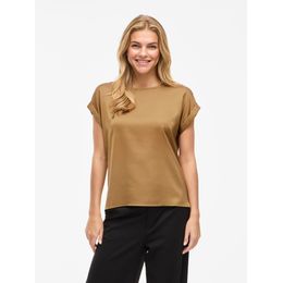 Kurzarmshirt Vila "VIELLETTE S/S SATIN TOP - NOOS", Damen, Gr. 34, braun (bistre), Satin, Obermaterial: 100% Polyester, unifarben, regular fit normal, Rundhals, mit Umschlag, Shirts, Kunstfaser, regular fit
