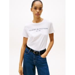 Kurzarmshirt Tommy Hilfiger "REG CORP LOGO C-NK mit Logoschriftzug und Stickerei", Damen, Gr. XXXL(46), wei&szlig; (optic wei&szlig;), Jersey, Obermaterial: 100% Baumwolle, bedruckt, unifarben, normal h&uuml;ftlang, Rundhals, eingesetzt abgesteppte Kante, Shirts, Baumwolle