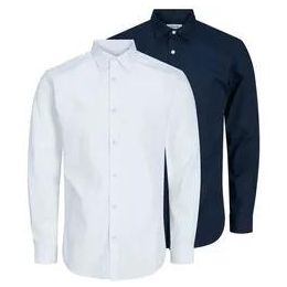 Jack & Jones Langarmhemd JACK & JONES "JJJOE SHIRT LS 2 PACK MP", Herren, Gr. L, N-Gr, navy blazer detail:pack w wei&szlig;, slim, Web, Obermaterial: 65% Polyester, 35% Baumwolle, unifarben, slim fit normal, Hemden