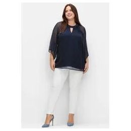 Longbluse sheego, Damen, Gr. 52, blau (marine), 100% Polyester, unifarben, Rundhals, Blusen Longbluse