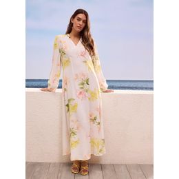 bonprix Fluides Tunika-Kleid, wei&szlig;, Gr.42, Weites Maxi Blumenkleid mit Volumen&auml;rmeln