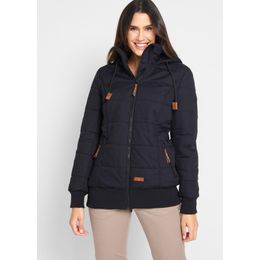 bonprix Outdoorjacke mit Lederimitat-Details, schwarz, Gr.42, Bequeme Steppjacke mit Kapuze, Rippb&uuml;ndchen und Rei&szlig;verschlusstaschen, gef&uuml;ttert, 100% Baumwolle