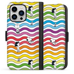 DeinDesign iPhone 13 Pro Handy Klapph&uuml;lle Handyh&uuml;lle aus Kunst Leder schwarz Flip Case Snoopy Muster Peanuts Sideflip mit Lasche