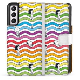 DeinDesign Galaxy S21 5G Handy Klapph&uuml;lle Handyh&uuml;lle aus Kunst Leder wei&szlig; Flip Case Snoopy Muster Peanuts Sideflip mit Lasche