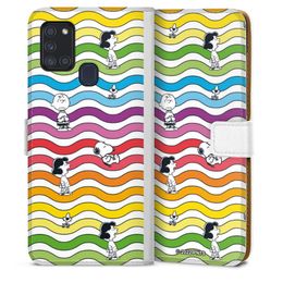 DeinDesign Galaxy A21s Handy Klapph&uuml;lle Handyh&uuml;lle aus Kunst Leder wei&szlig; Flip Case Snoopy Muster Peanuts Sideflip mit Lasche
