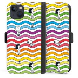 DeinDesign iPhone 13 Handy Klapph&uuml;lle Handyh&uuml;lle aus Kunst Leder schwarz Flip Case Snoopy Muster Peanuts Sideflip mit Lasche