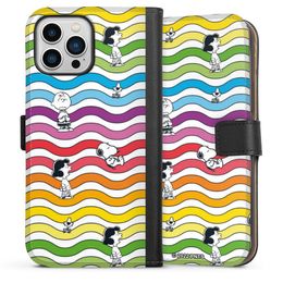 DeinDesign iPhone 13 Pro Max Handy Klapph&uuml;lle Handyh&uuml;lle aus Kunst Leder schwarz Flip Case Snoopy Muster Peanuts Sideflip mit langer Lasche