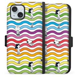 DeinDesign iPhone 15 Handy Klapph&uuml;lle Handyh&uuml;lle aus Kunst Leder schwarz Flip Case Snoopy Muster Peanuts Sideflip mit Lasche