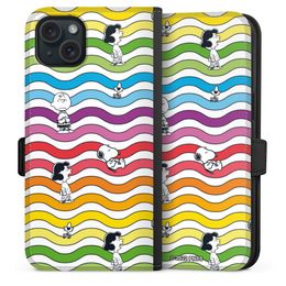 DeinDesign iPhone 15 Plus Handy Klapph&uuml;lle Handyh&uuml;lle aus Kunst Leder schwarz Flip Case Snoopy Muster Peanuts Sideflip mit Lasche