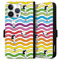 DeinDesign iPhone 14 Pro Max Handy Klapph&uuml;lle Handyh&uuml;lle aus Kunst Leder schwarz Flip Case Snoopy Muster Peanuts Sideflip mit Lasche