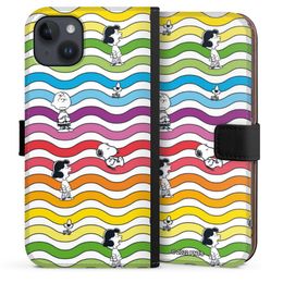 DeinDesign iPhone 14 Plus Handy Klapph&uuml;lle Handyh&uuml;lle aus Kunst Leder schwarz Flip Case Snoopy Muster Peanuts Sideflip mit langer Lasche