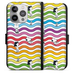 DeinDesign iPhone 14 Pro Handy Klapph&uuml;lle Handyh&uuml;lle aus Kunst Leder schwarz Flip Case Snoopy Muster Peanuts Sideflip mit langer Lasche