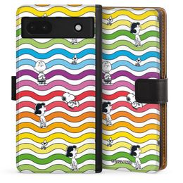 DeinDesign Google Pixel 6a Handy Klapph&uuml;lle Handyh&uuml;lle aus Kunst Leder schwarz Flip Case Snoopy Muster Peanuts Sideflip mit langer Lasche