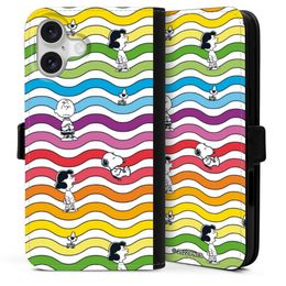 DeinDesign iPhone 16 Plus Handy Klapph&uuml;lle Handyh&uuml;lle aus Kunst Leder schwarz Flip Case Snoopy Muster Peanuts Sideflip mit Lasche