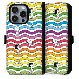 DeinDesign iPhone 16 Pro Max Handy Klapph&uuml;lle Handyh&uuml;lle aus Kunst Leder schwarz Flip Case Snoopy Muster Peanuts Sideflip mit Lasche