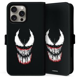 DeinDesign iPhone 16 Pro Handy Klapph&uuml;lle Handyh&uuml;lle aus Kunst Leder schwarz Flip Case Venom Marvel Official Licensed Product Sideflip mit Lasche