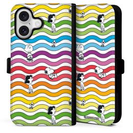 DeinDesign iPhone 16 Handy Klapph&uuml;lle Handyh&uuml;lle aus Kunst Leder schwarz Flip Case Snoopy Muster Peanuts Sideflip mit Lasche