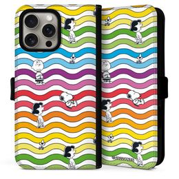 DeinDesign iPhone 16 Pro Handy Klapph&uuml;lle Handyh&uuml;lle aus Kunst Leder schwarz Flip Case Snoopy Muster Peanuts Sideflip mit Lasche