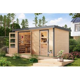 Gartenhaus Karibu "Merkurino, in verschiedenen Farben", braun (naturbelassen, graualuminium), ohne Fu&szlig;boden, Blechdach, Massivholz, Gartenh&auml;user, Gartenhaus