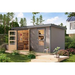 Gartenhaus Karibu "Merkurino, in verschiedenen Farben", grau (wassergrau, graualuminium), ohne Fu&szlig;boden, Blechdach, Massivholz, Gartenh&auml;user, Gartenhaus