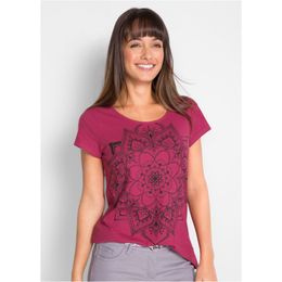 T-Shirt bonprix, Damen, Gr. 52/54 (XXL), rosa (beerenrot graphisch bedruckt), Jersey, Obermaterial: 100% Baumwolle, bedruckt, unifarben, gerade Po-bedeckend, Rundhals, Shirts T-Shirt, gerade Passform, Kurzarm, mit dekorativem Druck, aus Baumwolle