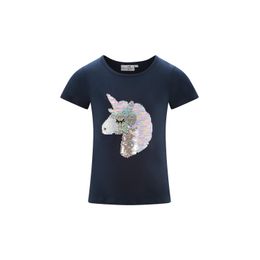 T-Shirt happy girls, M&auml;dchen, Gr. 134, blau (navy), Jersey, Obermaterial: 95% Baumwolle, 5% Elasthan, unifarben, Basic normal, Rundhals, Shirts T-Shirt, mit Wechsel-Pailletten