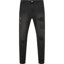 Bequeme Jeans Urban Classics "Urban Classics Herren Heavy Destroyed Slim Fit Jeans", Herren, Gr. 31/32, L&auml;nge 32, realschwarz heavy destroyed washed, 98% Baumwolle, 2% Elasthan, unifarben, Jeans