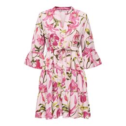 Tunikakleid Only "ONLSINA LIFE 3/4 SHORT DRESS NOOS WVN", Damen, Gr. XS, N-Gr, roseate spoonbill aop:sina flower, Web, Obermaterial: 100% Polyester, bedruckt, regular fit, V-Ausschnitt, Volant, Kleider, mit Volant