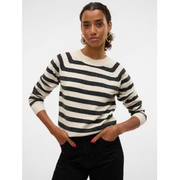 V&eacute;ro Moda Rundhalspullover VERO MODA "VMDOFFY LS O-NECK BLOUSE GA NOOS", Damen, Gr. L, schwarz-wei&szlig; (birch stripes schwarz melange), Strick, Obermaterial: 94% Polyester, 3% Elasthan, 3% Nylon, gestreift, meliert, regular fit normal, Rundhals, Rippb&uuml;ndchen, Pullover Rundhalspullover, Materialmix, regular fit