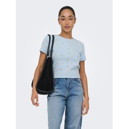 Kurzarmshirt Only "ONLFENJA LIFE SS AOP TOP JRS NOOS", Damen, Gr. L, blau (cashmere blau aop:orange love), Jersey, Obermaterial: 95% Baumwolle, 5% Elasthan, bedruckt, regular fit normal, Rundhals, Shirts, Baumwollmischung, Cropped Fit, Rundhals