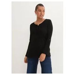 Langarmshirt bonprix, Damen, Gr. 44/46 (L), schwarz, Jersey, Obermaterial: 100% Baumwolle, unifarben, gerade Po-bedeckend, Rundhals, Krempel&auml;rmel,mit Knopf,mit Riegel, Shirts Langarmshirt, gerade Passform, Krempel&auml;rmel, Henley-Ausschnitt