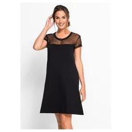 Nachthemd bonprix, Damen, Gr. 40/42 (M), N-Gr, schwarz, Jersey, Obermaterial: 100% Baumwolle. Spitze: 82% Polyamid, 18% Elasthan, unifarben, Basic knieumspielend, Rundhals, Kleider Nachthemd, mit Mesh-Einsatz und dekorativer Zierschleife am Ausschnitt