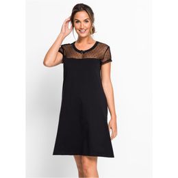 Nachthemd bonprix, Damen, Gr. 36/38 (S), N-Gr, schwarz, Jersey, Obermaterial: 100% Baumwolle. Spitze: 82% Polyamid, 18% Elasthan, unifarben, Basic knieumspielend, Rundhals, Kleider Nachthemd, mit Mesh-Einsatz und dekorativer Zierschleife am Ausschnitt