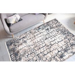 Teppich Calo-deluxe "Miran 135" Gr. 2, blau (blau, grau), B:80cm H:12mm L:150cm, Kunstfaser, Teppiche, Teppich, Vintage Design, mit Fransen, Wohnzimmer