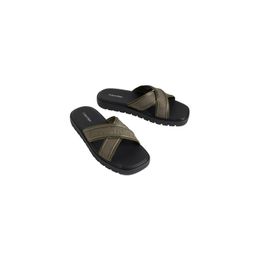 Pantolette Calvin Klein "SQ MOLDED SANDAL XCROSS WB", Herren, Gr. 42, oliv, Lederimitat, Textil, unifarben mit Farbeinsatz, Basic, Schuhe Pantolette, Strandschuh, Sommerschuh, Badepantolette, Flat mit Logoschriftzug