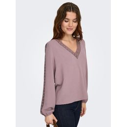 Langarmbluse Only "ONLGREGOR METTE LS LACE TOP WVN", Damen, Gr. L, elderberry, Web, Obermaterial: 100% Polyester, unifarben, regular fit normal, V-Ausschnitt, Blusen, Kunstfaser, regular fit, V-Ausschnitt, Regular Waist
