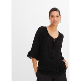 Tunika bonprix, Damen, Gr. 52, schwarz, Obermaterial: 100% Viskose, A-Linie, Tuniken, A-Linien-Passform, mit 3/4-&Auml;rmeln, gleichfarbige Stickerei