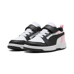 Sneaker Puma "REBOUND V6 LO AC+ PS", M&auml;dchen, Gr. 32, Puma wei&szlig;, Puma schwarz, pearl pink, Synthetik, mehrfarbig, Schuhe Sneaker, kn&ouml;chelhoher Schnitt, mit Klettverschluss, mit Gummilaufsohle