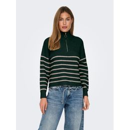 Strickpullover Only "ONLTOKYO L/S ZIP PULLOVER KNT NOOS", Damen, Gr. XS, gr&uuml;n (scarab stripes:pumice stone meliert), Strick, Obermaterial: 79% Polyester, 13% Polyacryl, 5% Wolle, 3% Elasthan, gestreift, regular fit normal, hoch geschlossener Ausschnitt, Rippb&uuml;ndchen, Pullover Strickpullover