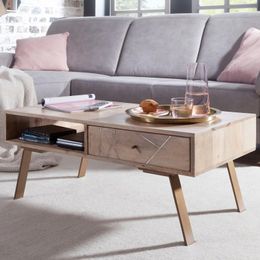 FineBuy Couchtisch Massivholz rechteckig 95cm Wohnzimmertisch Schublade & Ablagefach