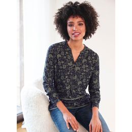 Heine Witt Damen Print-Shirt mit Knopfleiste, khaki-marine-bedruckt, Gr&ouml;&szlig;e 40
