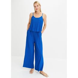 bonprix Jerseyplisee-Jumpsuit, blau, Gr.44/46 (L), Sommerlicher Overall mit &uuml;berlappendem Oberteil